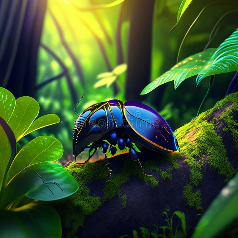 Blue Beetle in a Green Forest. 3d Rendering. Computer Digital Drawing ...