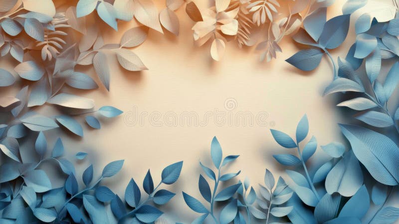 Blue and Beige Paper Leaves Frame on Beige Background Stock ...
