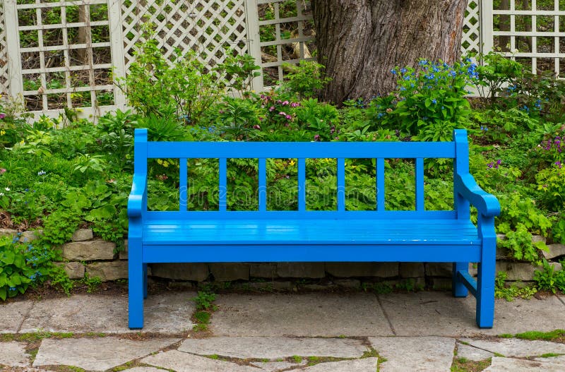 Blue bench stock image. Image of trellis, garden, bench - 92437075
