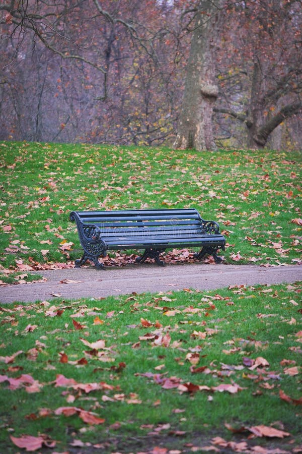 A Blue Bench is on the Side of a Path in the Park Stock Photo - Image ...