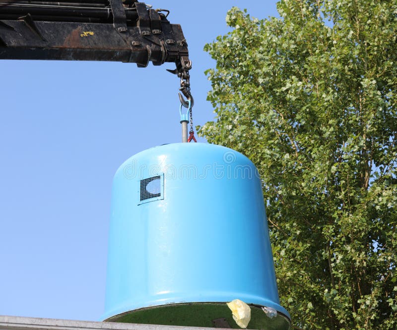 Blue Big Container with Waste Stock Photo - Image of paper, crane ...