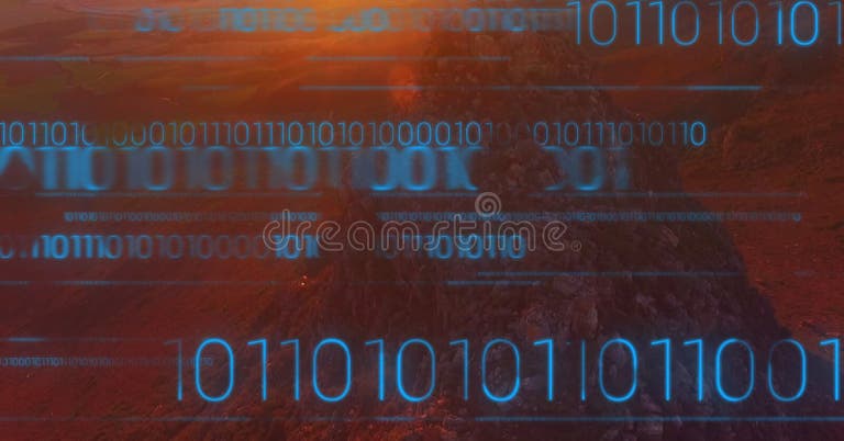 Blue Binary Code Against Mountain Rock in Sunset Stock Image - Image of ...