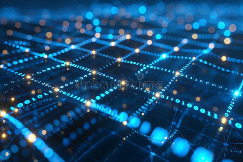 Blue Binary Code Background with Glowing Digital Network and Cyber Connections, Data Transfer ...