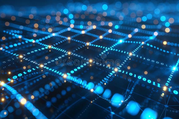 Blue Binary Code Background with Glowing Digital Network and Cyber Connections, Data Transfer ...