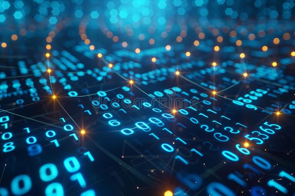 Blue Binary Code Background with Glowing Digital Network and Cyber Connections, Data Transfer ...