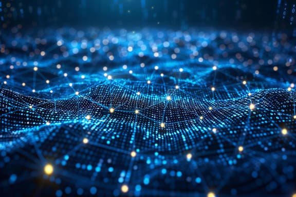 Blue Binary Code Background with Glowing Digital Network and Cyber Connections, Data Transfer ...