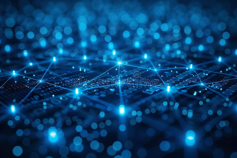 Blue Binary Code Background with Glowing Digital Network and Cyber Connections, Data Transfer ...