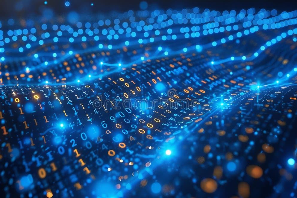 Blue Binary Code Background with Glowing Digital Network and Cyber Connections, Data Transfer ...