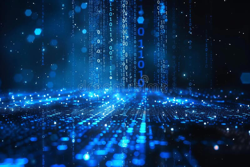 Blue Binary Code Falling on a Dark Background, Depicting a Data Flow Concept. Abstract Digital ...