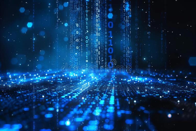 Blue Binary Code Falling on a Dark Background, Depicting a Data Flow Concept. Abstract Digital ...
