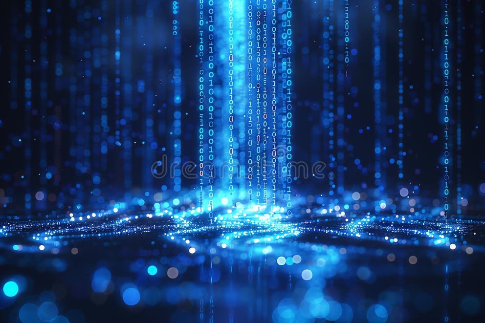 Blue Binary Code Falling Down on a Dark Background, Data Flowing Stock Illustration ...