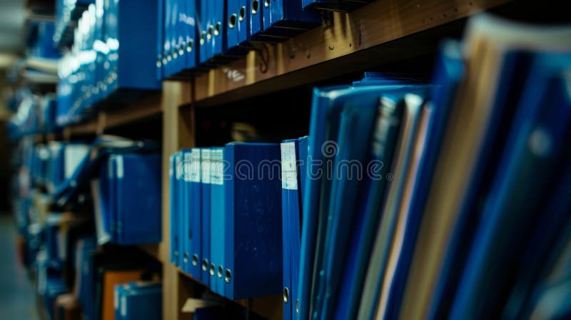 Blue Binders on Wooden Shelves, Organized Office Storage System Stock ...