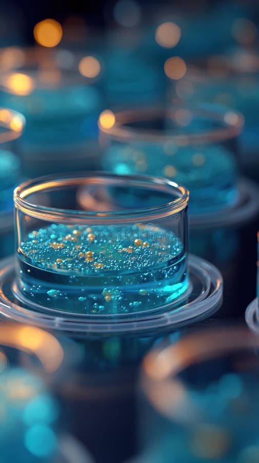 Blue Biochemistry: Close-up of Lab Beakers with Liquid Solution and ...