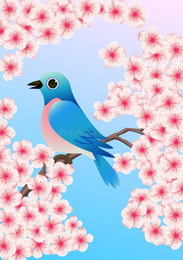 Cute Little Blue Bird in Bloom. Watercolor Illustration. Cute Animals ...