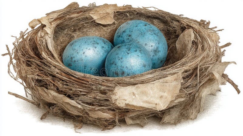 Blue Bird Eggs in a Brown Nest Stock Illustration - Illustration of ...