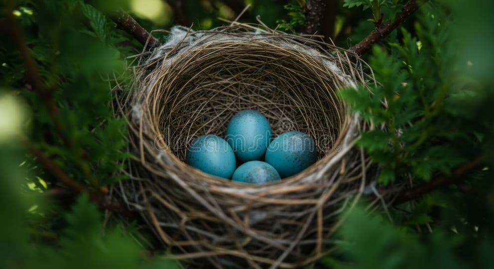 Blue Bird Eggs in a Nest stock illustration. Illustration of tree ...