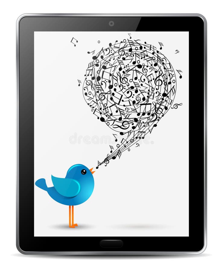 Blue Bird with Music Notes in Screen of Tablet Stock Vector ...