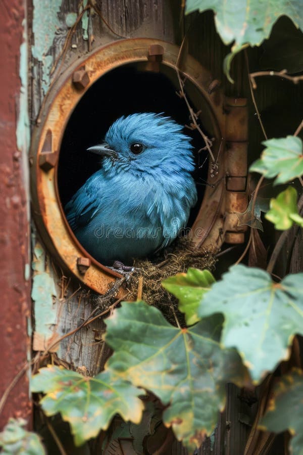 Blue Bird Nesting in a Cozy Rustic Pipe Surrounded by Green Leaves in a ...