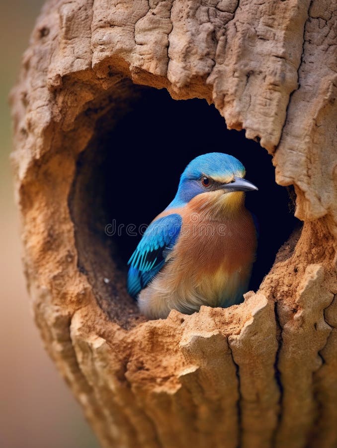 Blue Bird is Sitting in a Hole in a Tree Stock Illustration ...