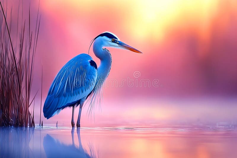 A Blue Bird Standing in the Water at Sunset Stock Image - Image of ...