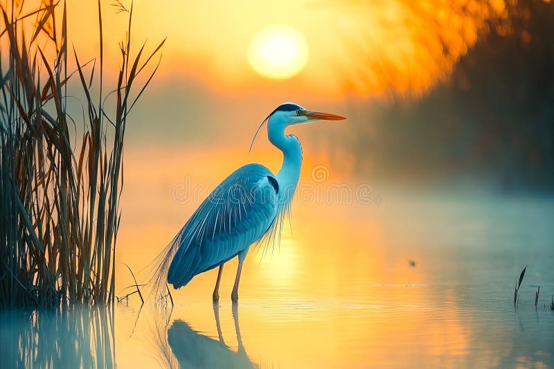 A Blue Bird Standing in the Water at Sunset Stock Image - Image of beak ...