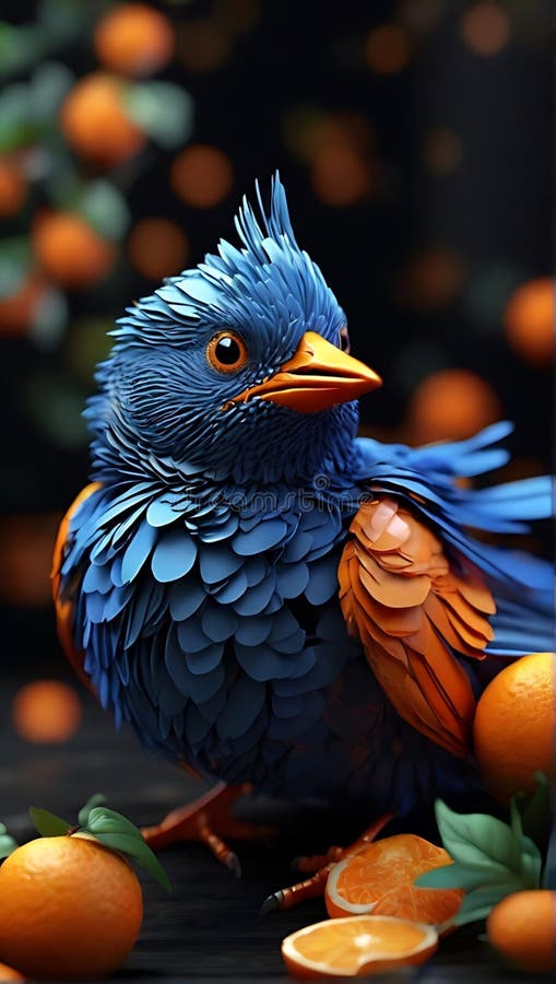 A Blue Bird with a Yellow Beak and Oranges in the Background Stock ...