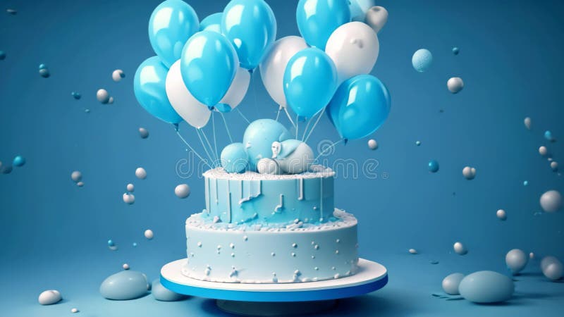 Blue Birthday Cake with Balloons and Confetti on Blue Background 3D ...