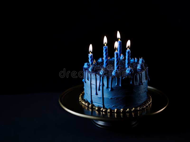A Blue Birthday Cake with Candles on Black Background. Ai Generative ...