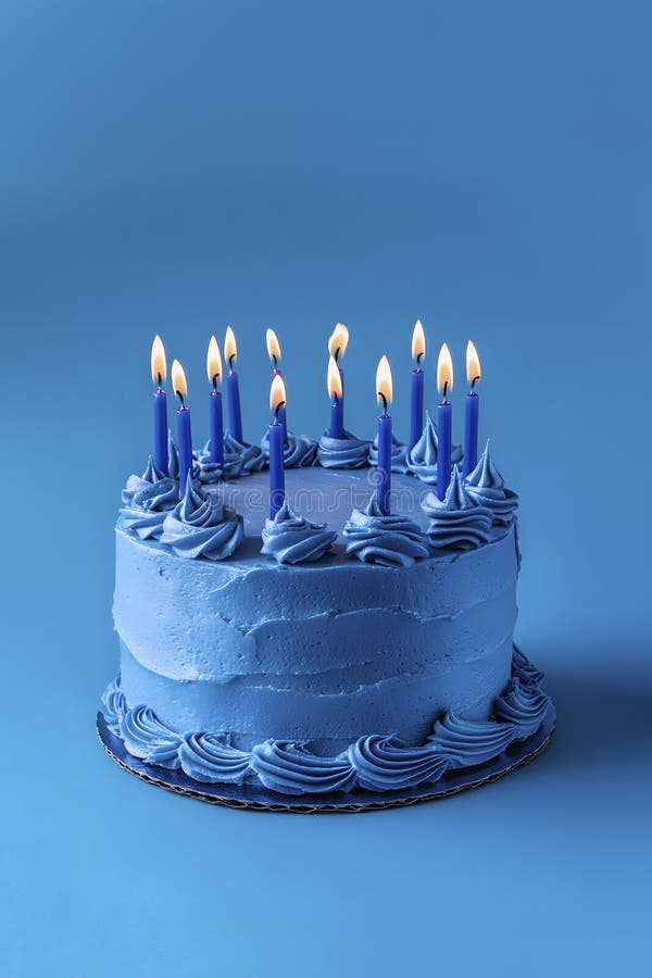 Blue Birthday Cake with Lit Candles, Generative AI Stock Illustration ...