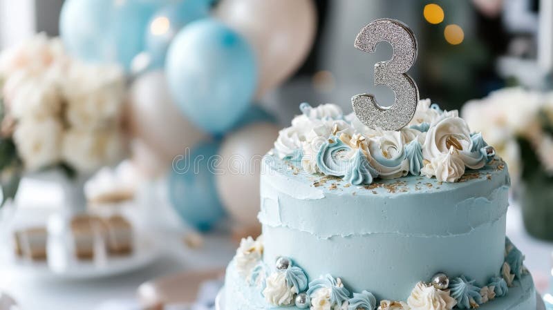 Blue Birthday Cake with Number Three Topper for Celebration Party Decor ...