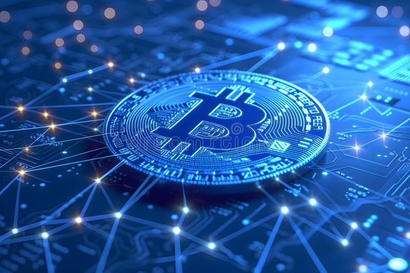 Blue Bitcoin Sits on an Electronic Circuit Board. Illustration by ...