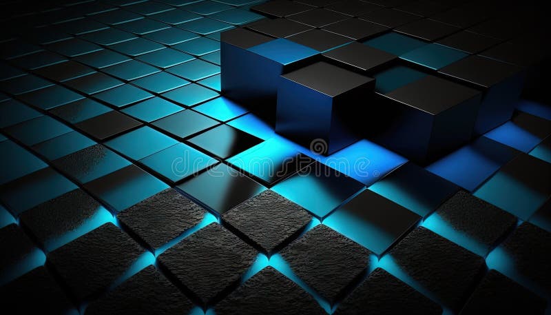 A Blue and Black Cube on a Black and White Tile Floor with a Blue Light ...