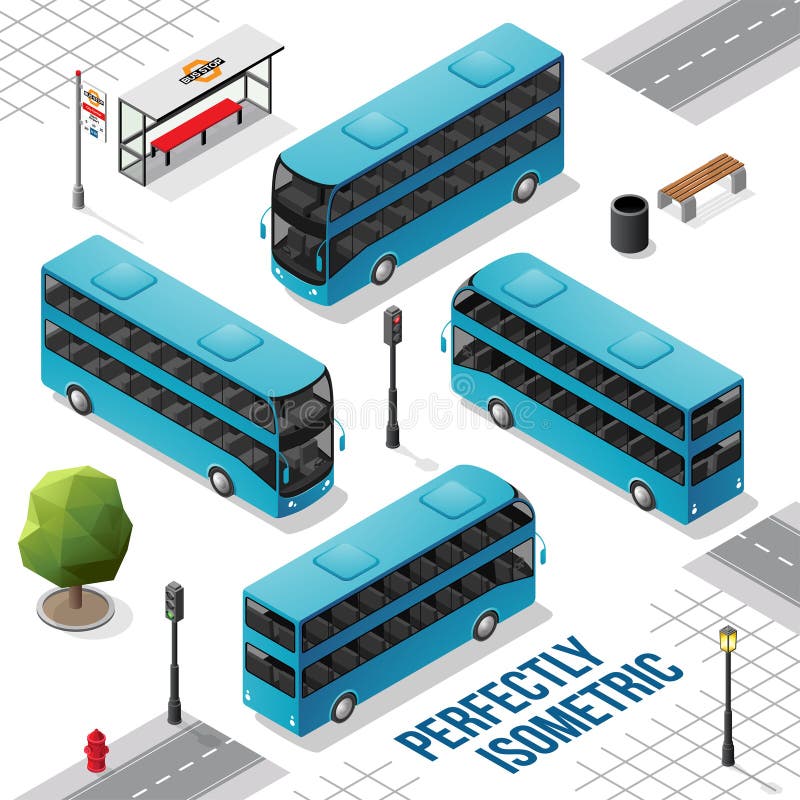 Blue and Black Double Decker Isometric Bus from the Front Back Right ...
