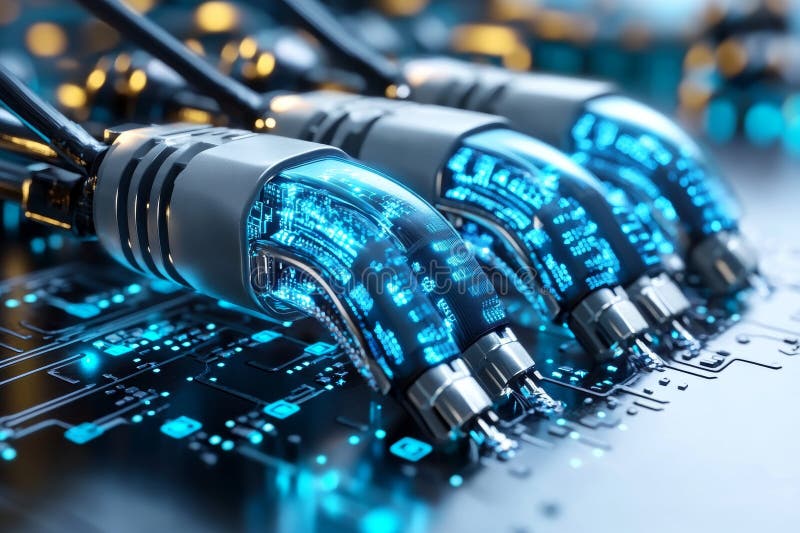 Blue and Black Glowing Cables on a Circuit Board Symbolizing Fast Data ...