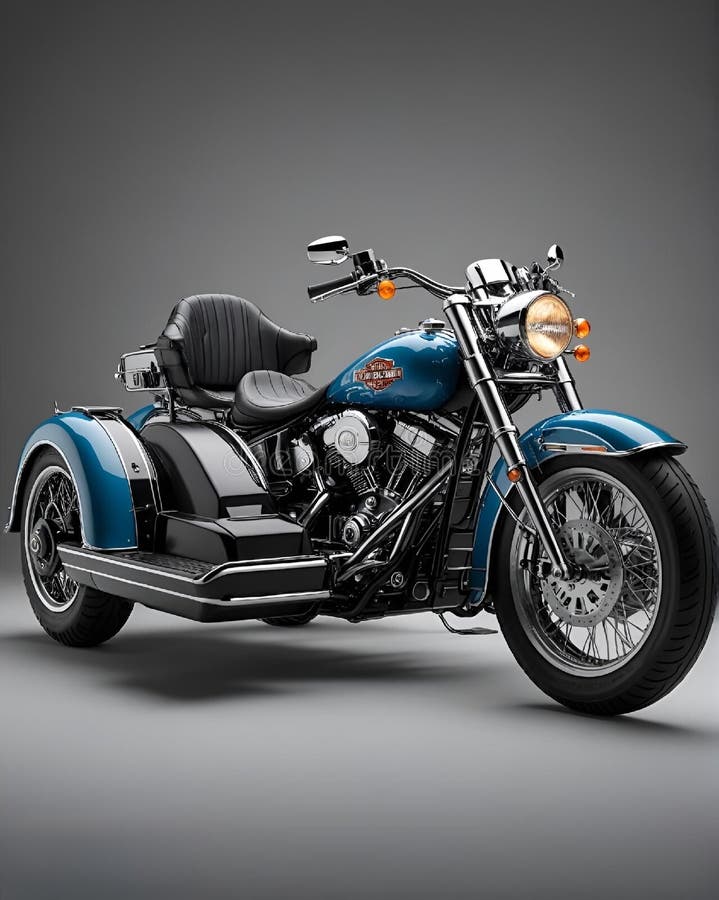 A Blue and Black Harley-Davidson Trike Motorcycle on a Gray Background ...