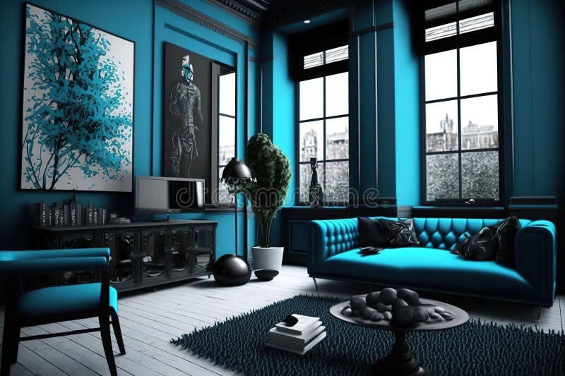 Blue and Black Interior Design. Generative Ai Stock Illustration ...