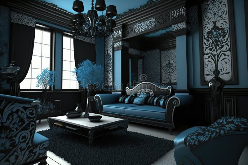 Blue and Black Interior Design. Generative Ai Stock Illustration ...