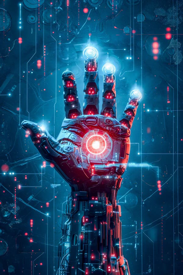Blue and Black Picture of Robot Hand with Red Circles in it. Generative ...
