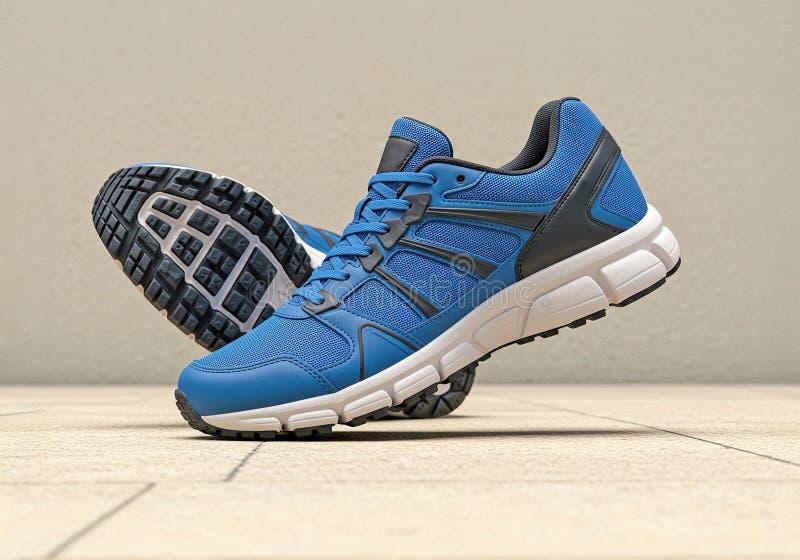 Blue and Black Sport Shoes Over Beige Stock Illustration - Illustration ...