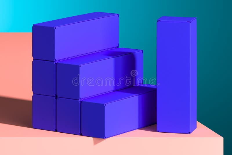 Blue Blank Cardboard Boxes on Salmon Color Pedestal. 3d Rendering ...