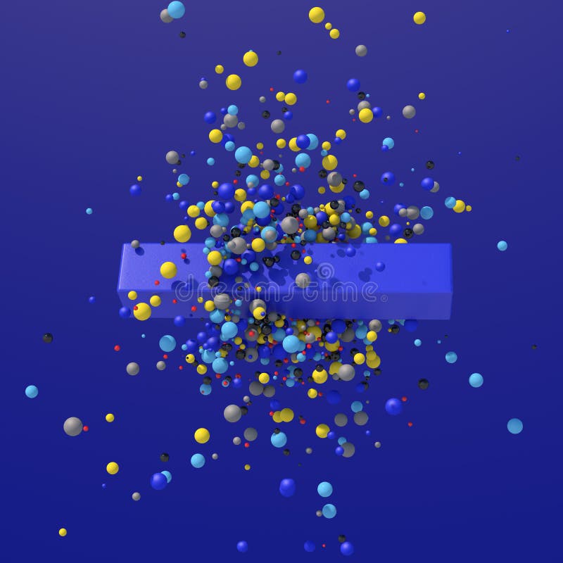Blue Block and Bright Colorful Particles Flying. Blue Background Stock ...