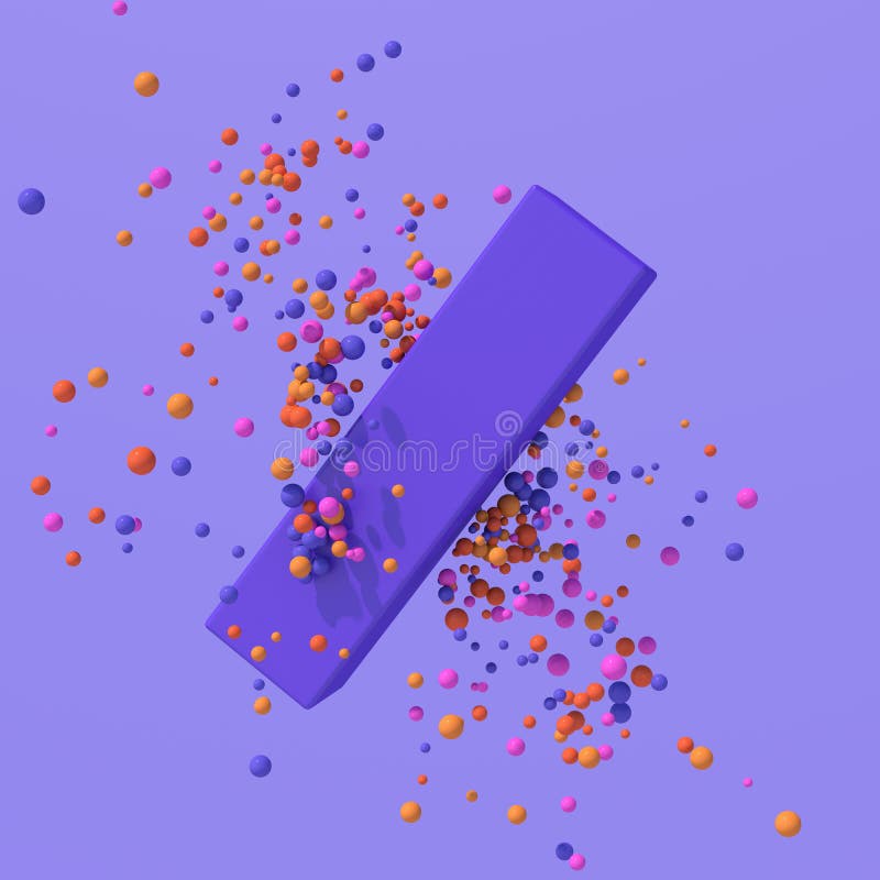 Blue Block and Bright Colorful Particles Flying. Violet Background ...