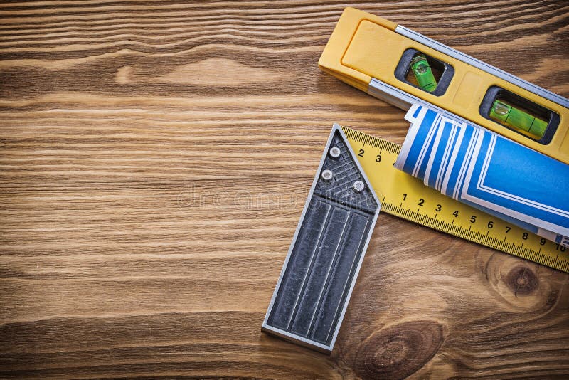 Blue Blueprint Square Ruler Construction Level on Wooden Board Stock ...