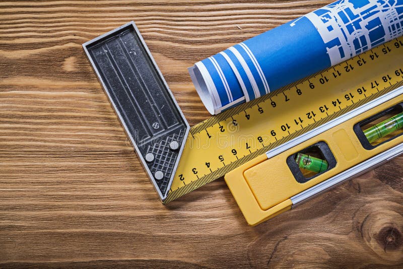 Blue Blueprint Try Square Construction Level on Wooden Board Stock ...