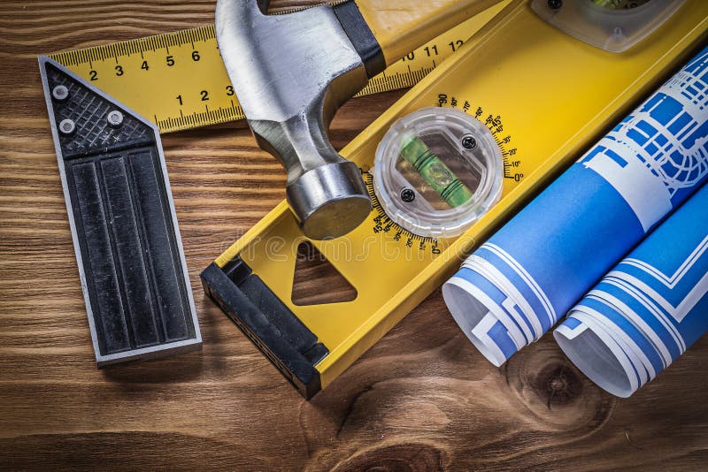 Blue Blueprints Construction Level Square Ruler Claw Hammer on W Stock ...