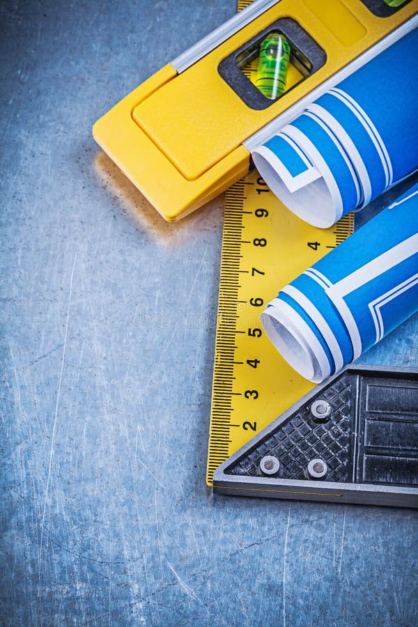 Blue Blueprints Construction Level Try Square on Metallic Backgr Stock ...