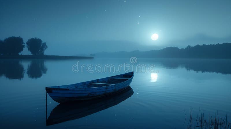 Blue Boat on Lake Under Full Moon Stock Image - Image of floating, lake ...