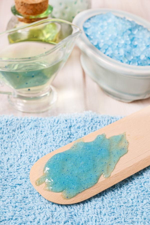Blue Body Scrub and Other Spa Cosmetics Stock Photo - Image of health ...