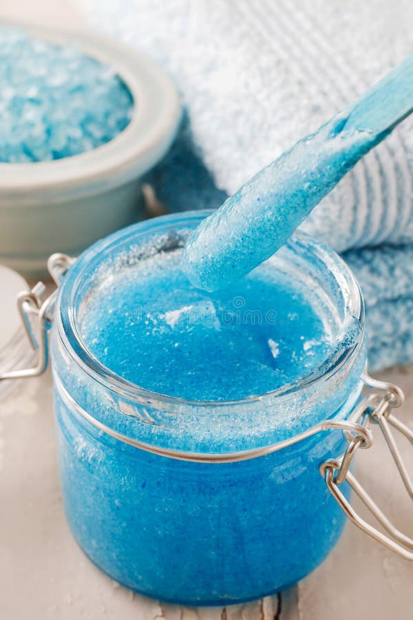 Blue Body Scrub and Other Spa Cosmetics Stock Photo - Image of pastel ...