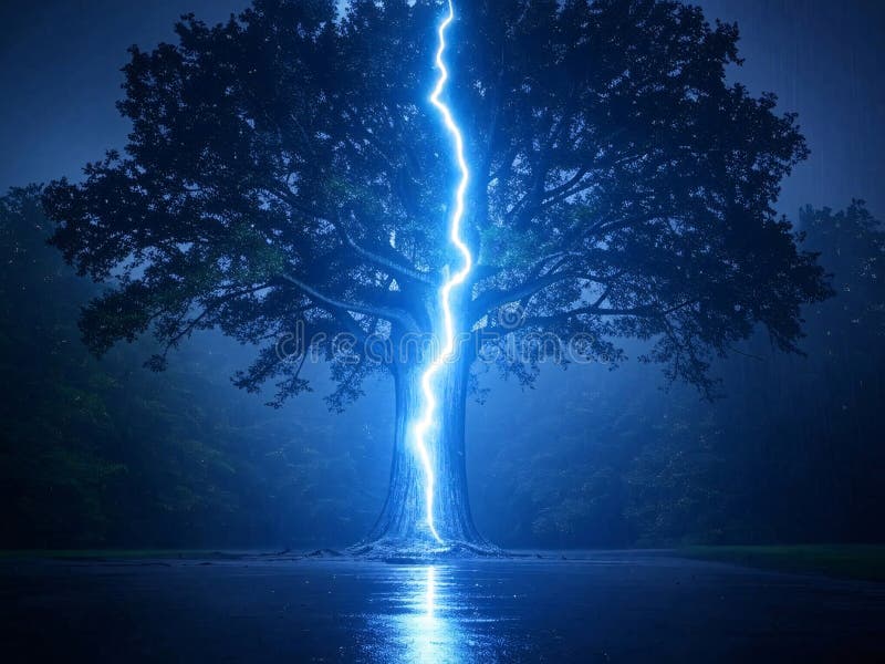 A Blue Bolt of Lightning Struck the Middle of the Tree. the Tree Splits ...